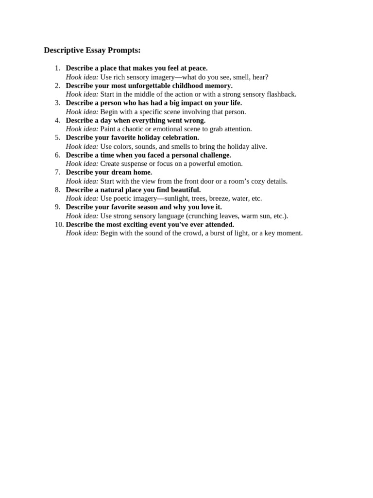 Descriptive Essay Prompts | PDF