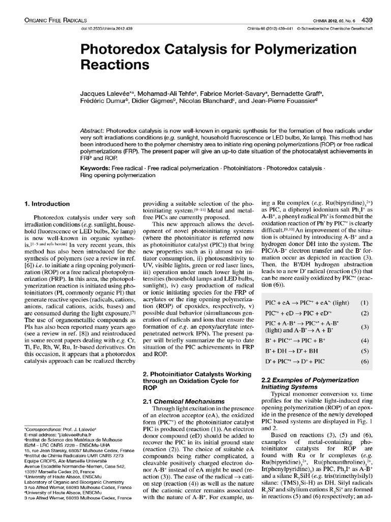 View of Photoredox Catalysis For Polymerization Reactions | PDF