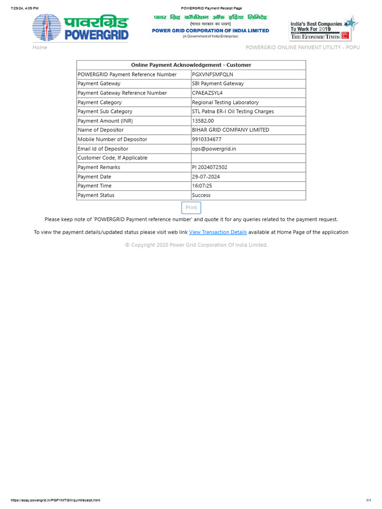 POWERGRID Payment Receipt Page 13582 | PDF