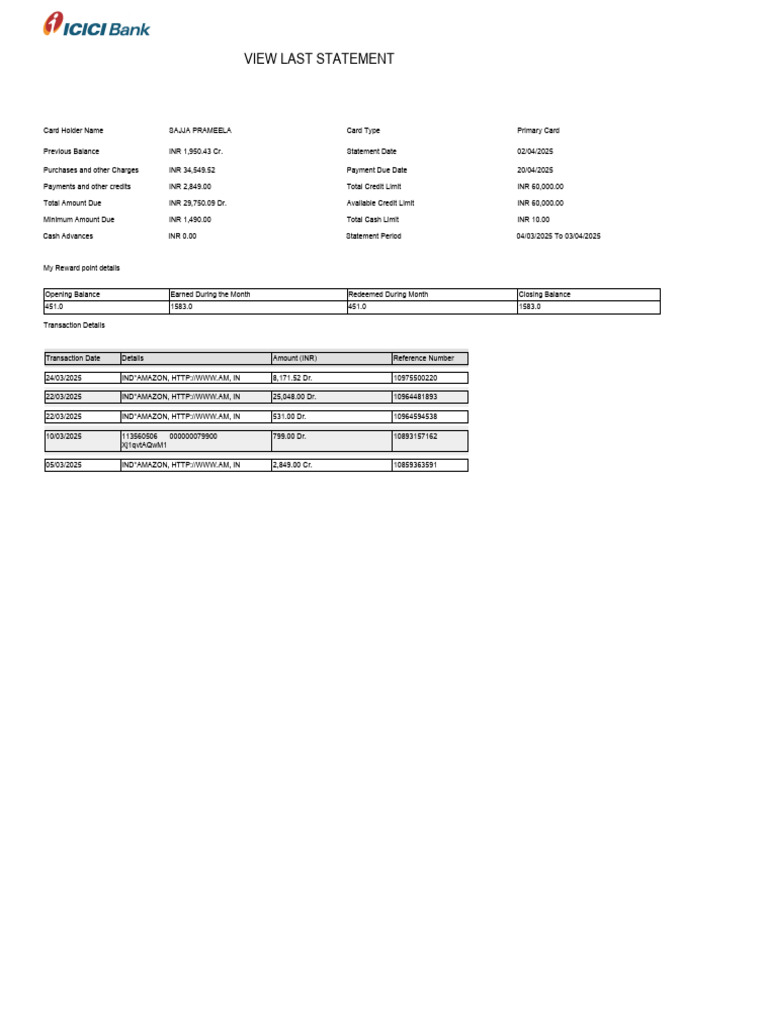 Credit Card Statement Summary | PDF