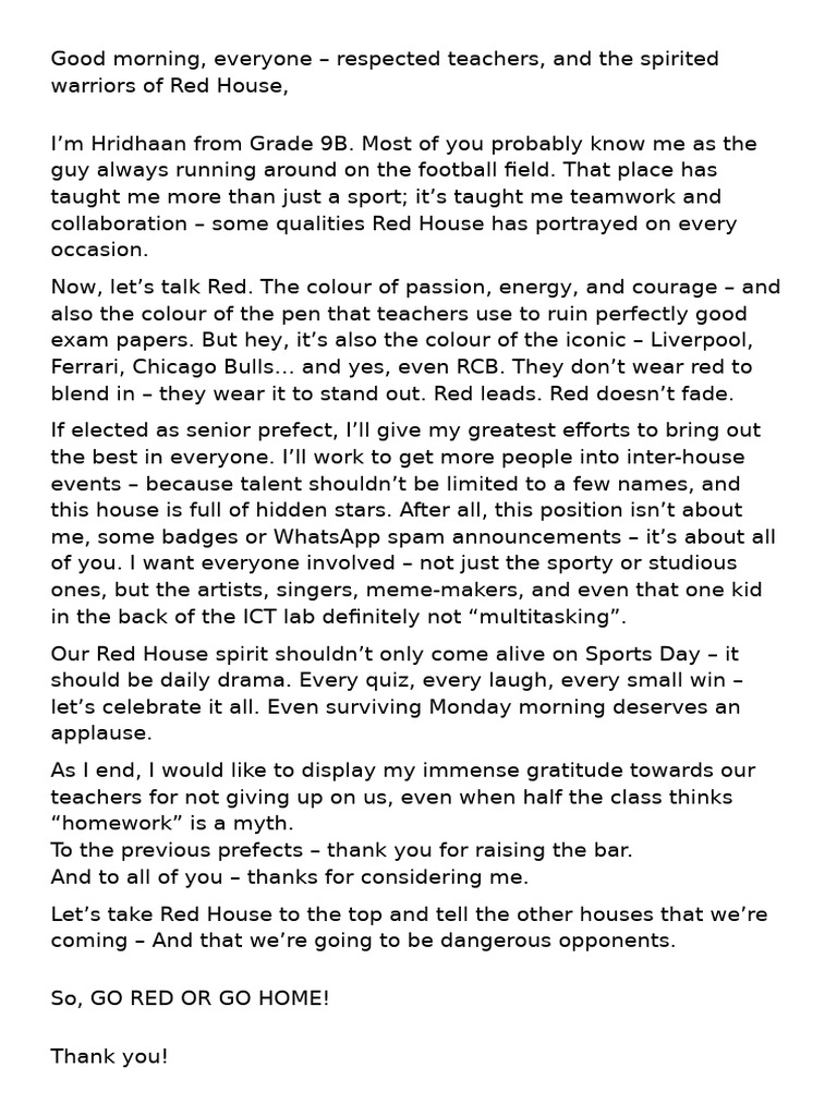 Red House Prefect Speech by Hridhaan | PDF