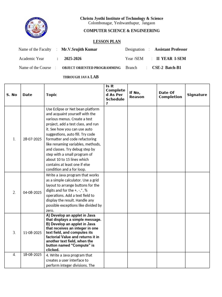 Java OOP Lesson Plan for CSE Students | PDF | Java (Programming ...