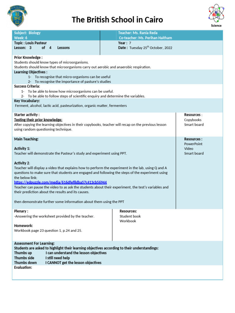 Louis Pasteur Lesson Plan (Week 6) | PDF | Learning