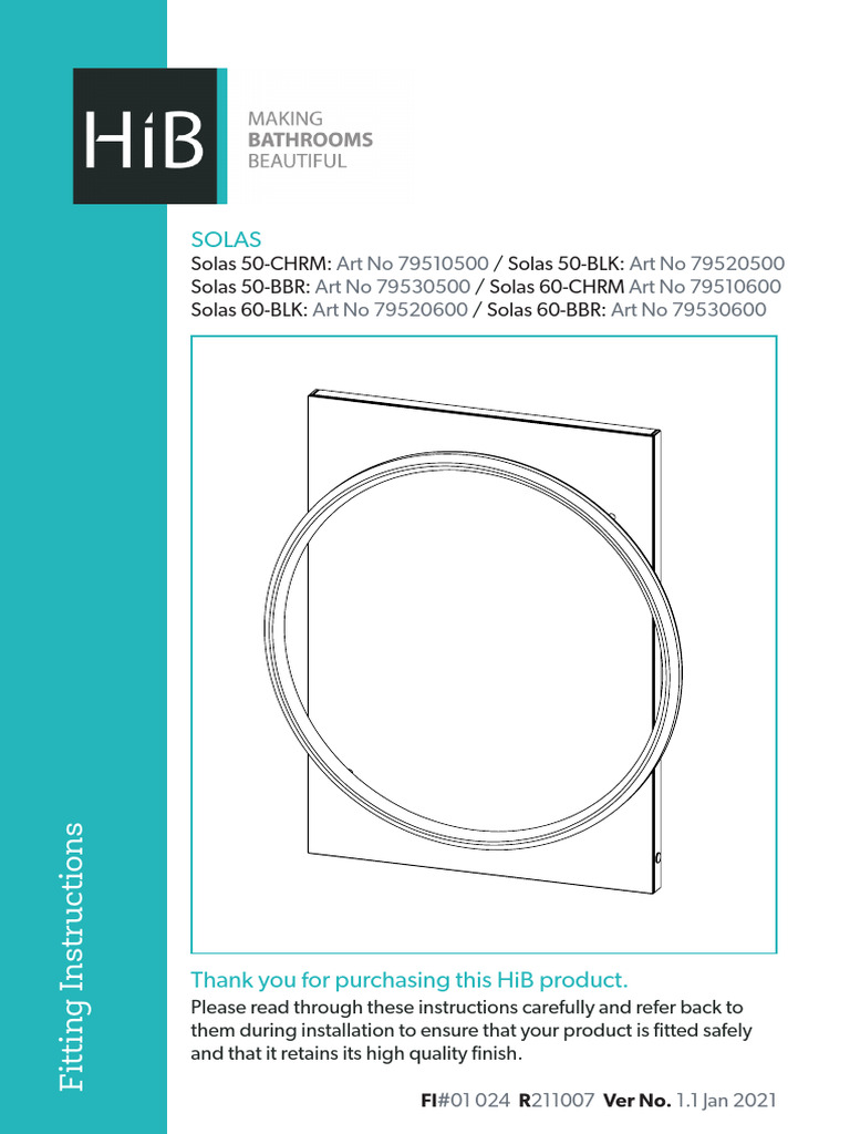 HiB Solas Mirror Installation Guide | PDF | Drill | Equipment