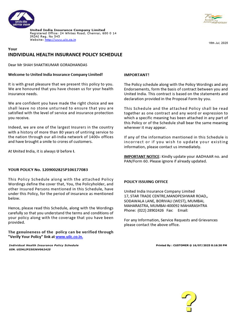 United India Individual Health Policy Details | PDF | Insurance | Hospital