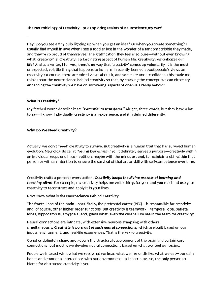 Neurobiology Behind Creativity Article | PDF | Brain | Creativity