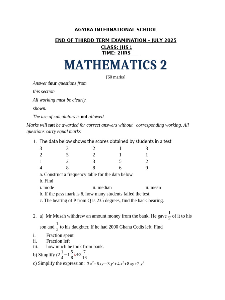 JHS 1 Mathematics Exam Questions | PDF | Mathematics | Elementary Geometry
