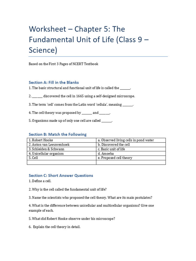 Class 9 Cell Unit Worksheet & Answers | PDF
