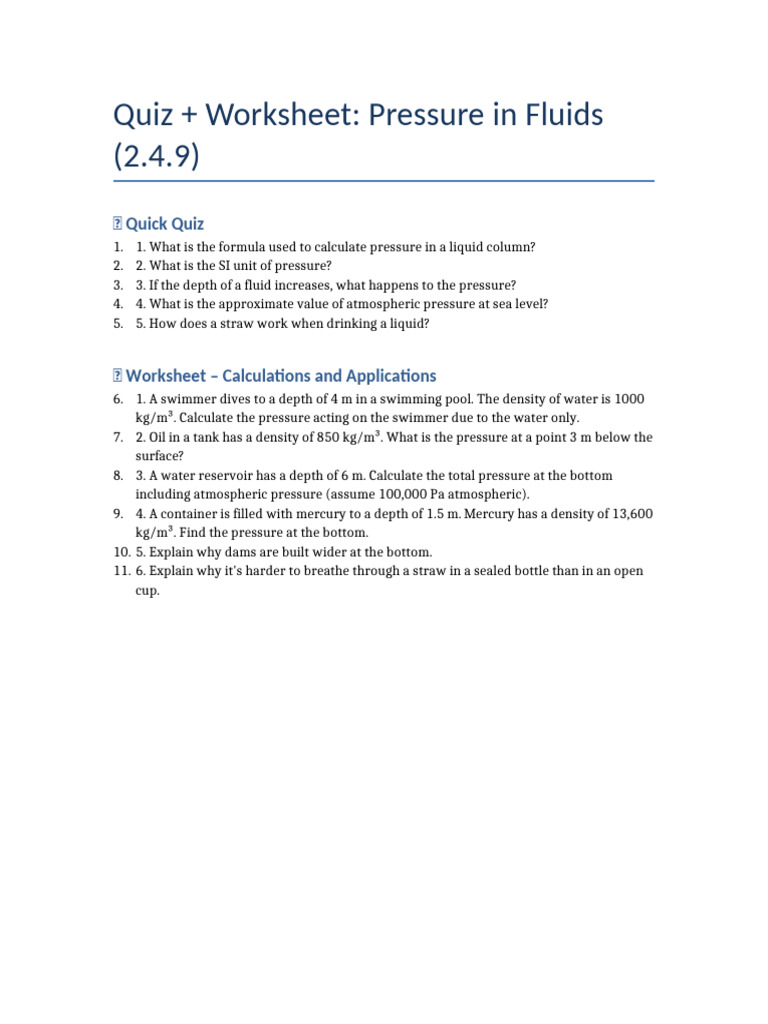 Pressure in Fluids Quiz Worksheet | PDF
