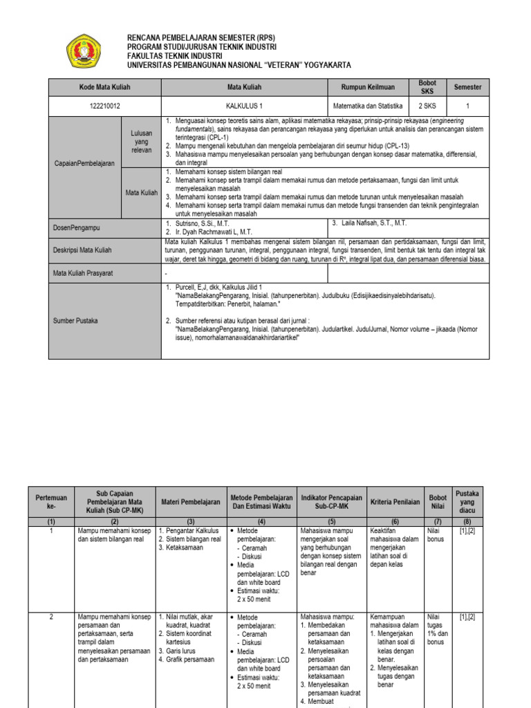 RPS Kalkulus 1 - Gasal 2023-2024 | PDF