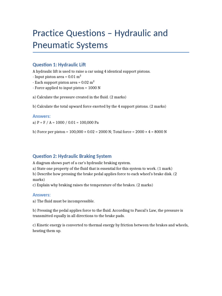 Hydraulic Pneumatic Practice Questions | PDF