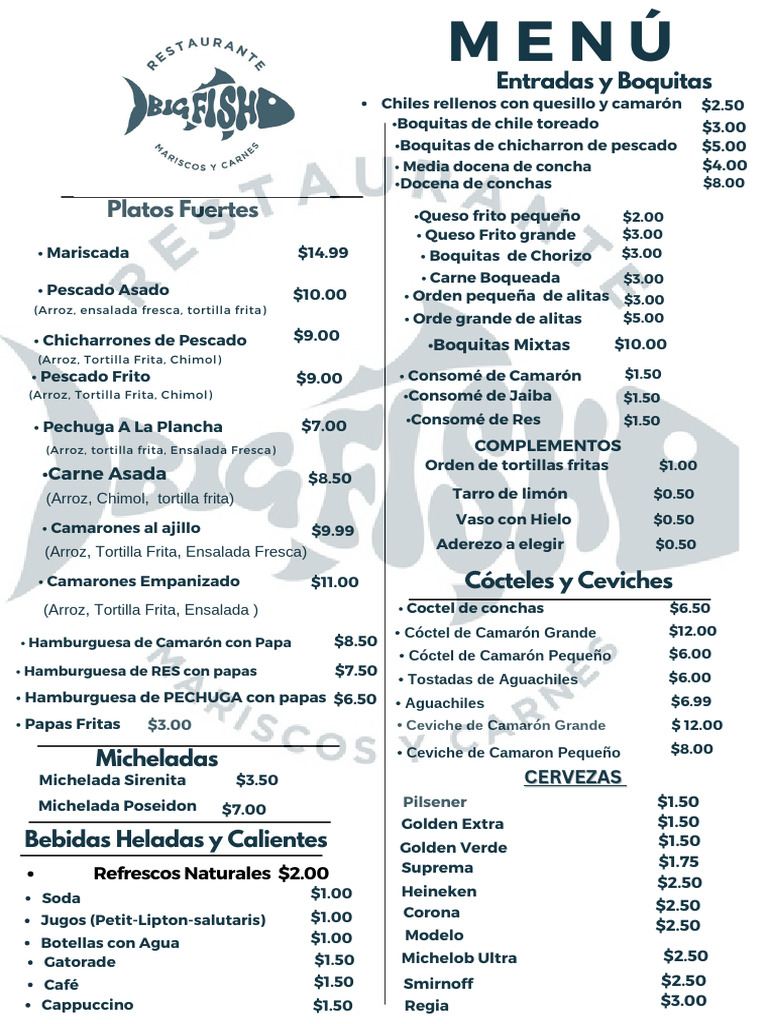 Menú Big Fish Julio 25 2025 | PDF | Platos con carne | Cocina americana