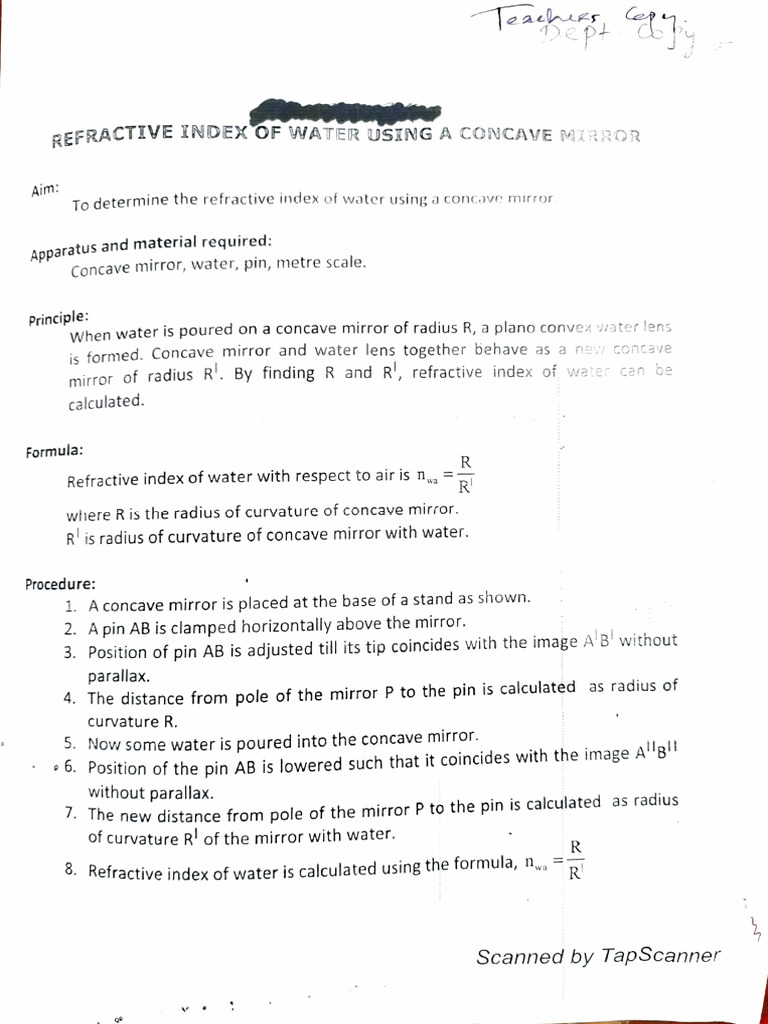 Refractive Index of Water Using A Concave Mirror | PDF ...