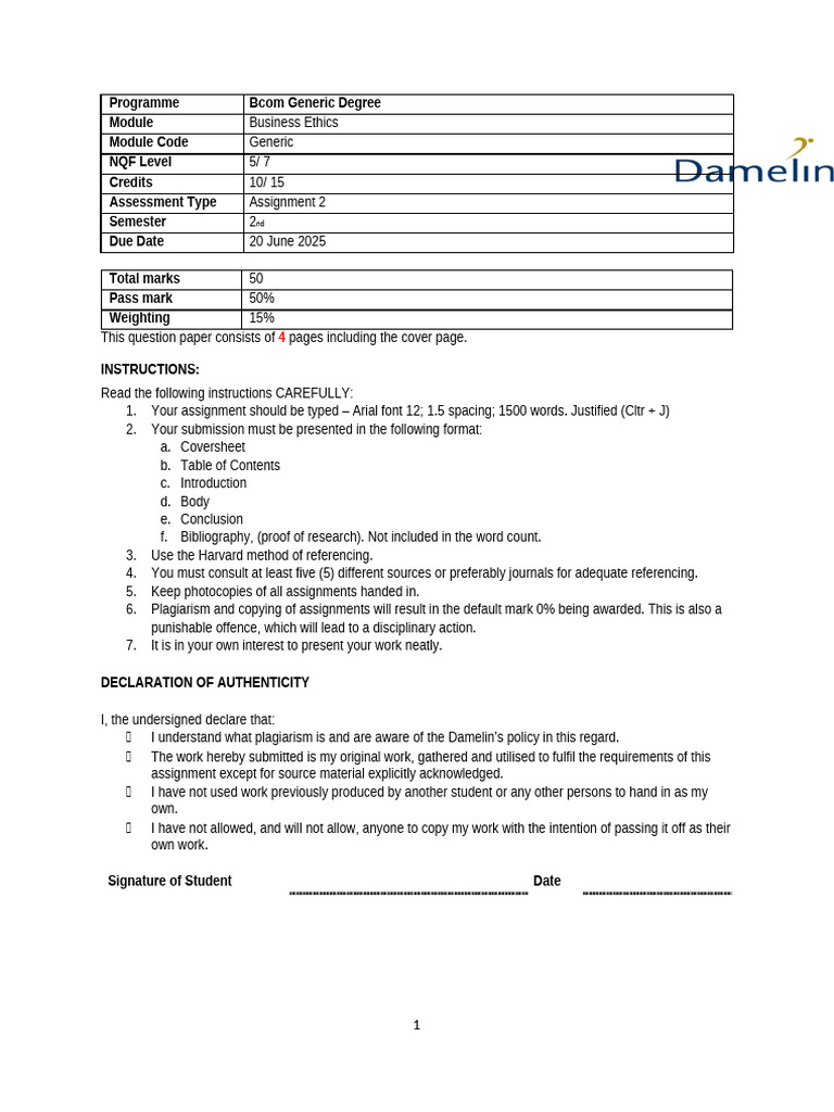 B Com Generic Degree Business Ethics Assignment 2 Semester 2 - 2025 ...