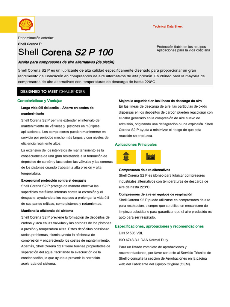 TDS Corena S2 P 100 | PDF | Pistón | Lubricante