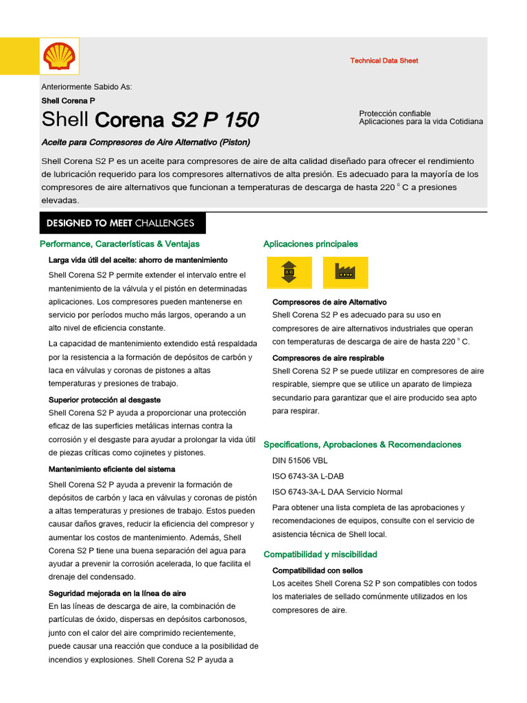 Hoja de Datos Shell Corena S2 P 150 | PDF | Rodamiento (Mecánico ...