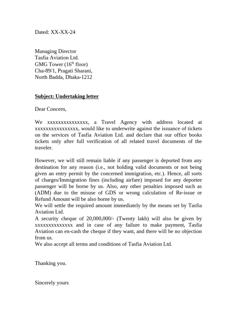 Undertaking Letter for Ticket Issuance | PDF