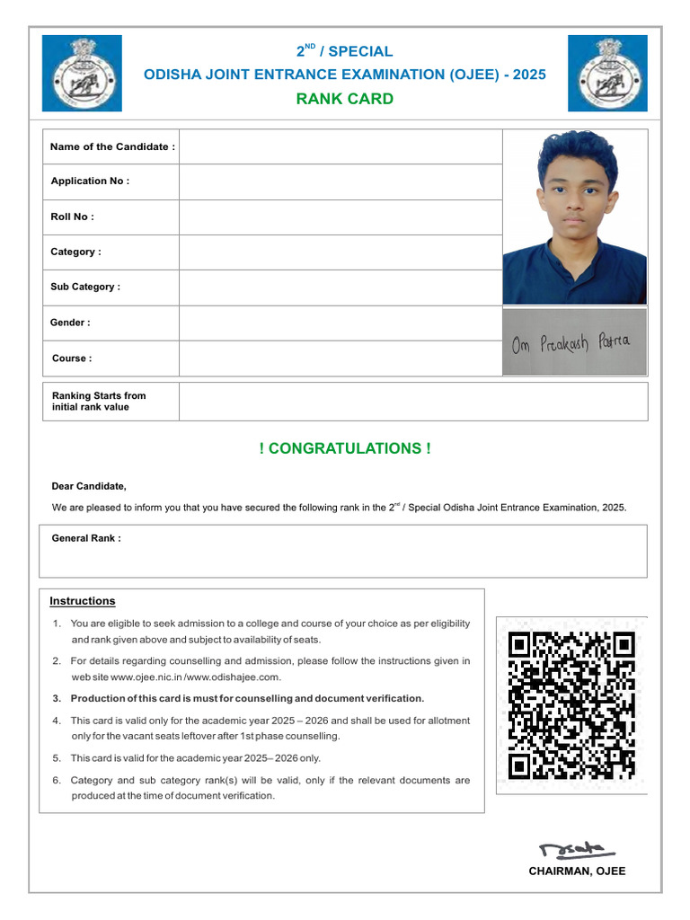 Rank Card: 2 / Special Odisha Joint Entrance Examination (Ojee) - 2025 ...