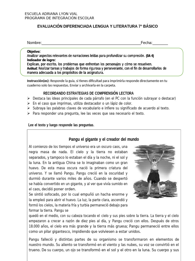 5° Básico Lenguaje Guía de Comprensiòn Mito de Pangu | PDF