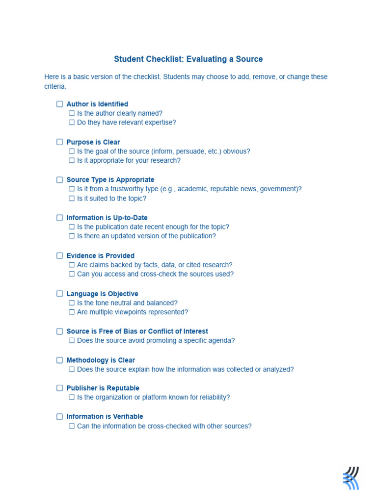 Student Checklist - Evaluating A Source | PDF