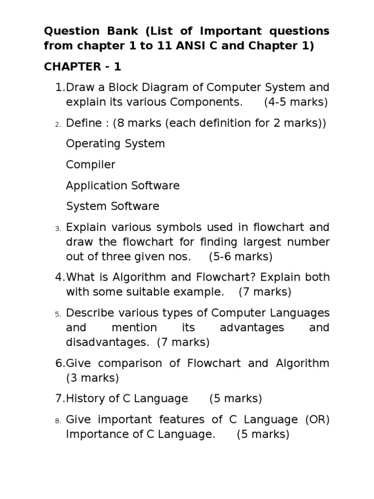 Important Que List (Chapterwise) (Chapters 1 To 11 ANSI C) | Download Free PDF | C (Programming ...