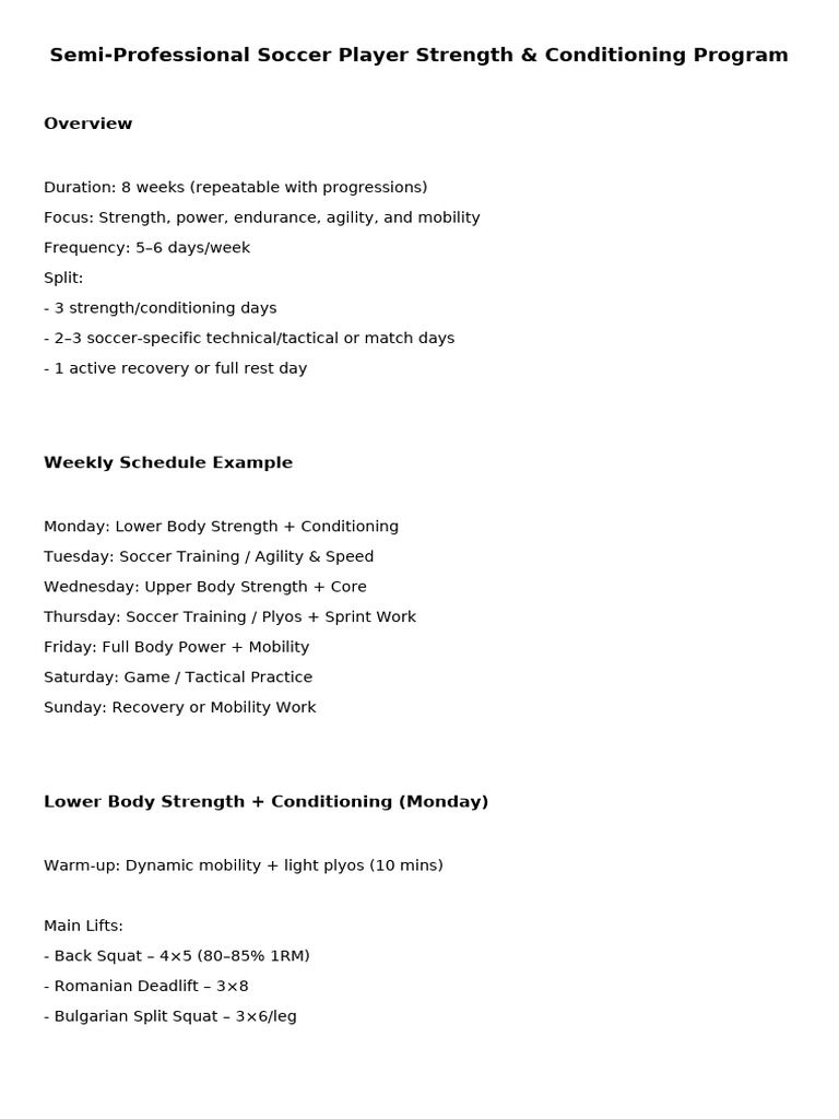 Semi-Pro Soccer Player Training Plan | PDF | Weight Training | Physical ...