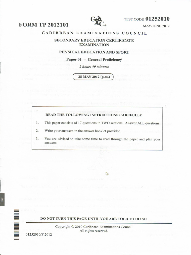 CXC CSEC Many-June 2012 - Physical Education & Sport Paper 1 | PDF