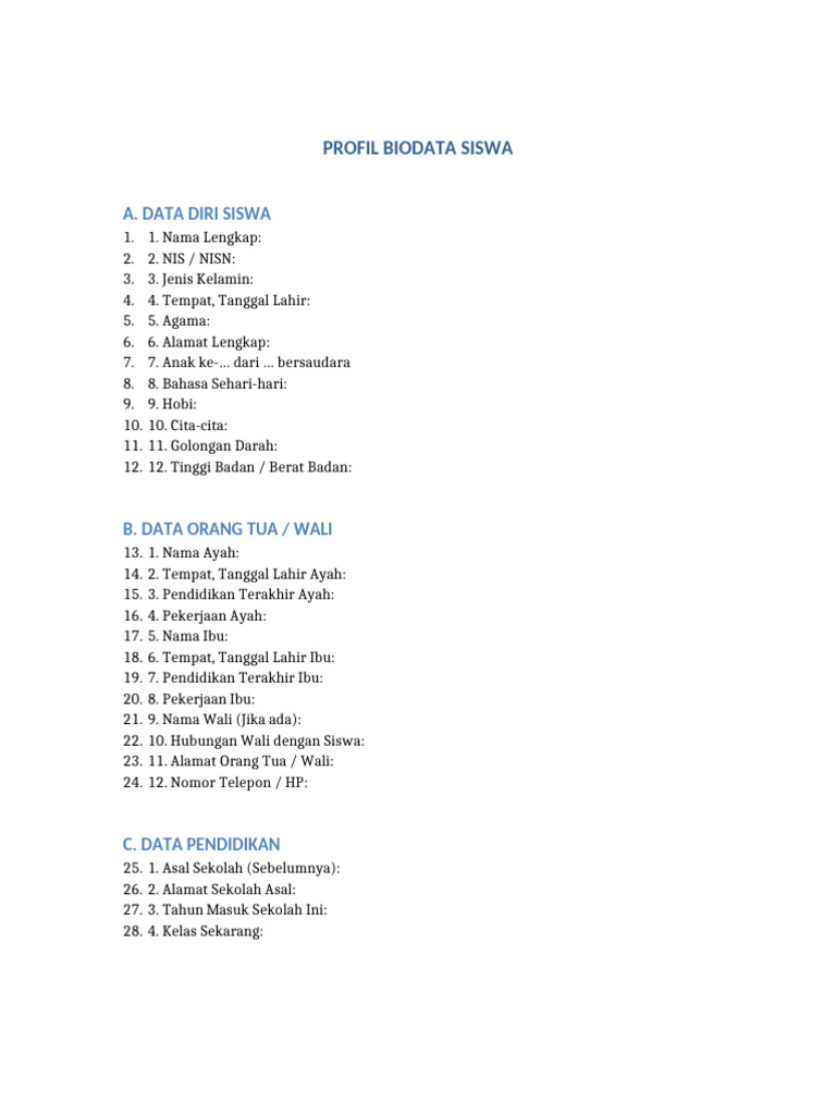 Biodata Lengkap Siswa dan Orang Tua | PDF