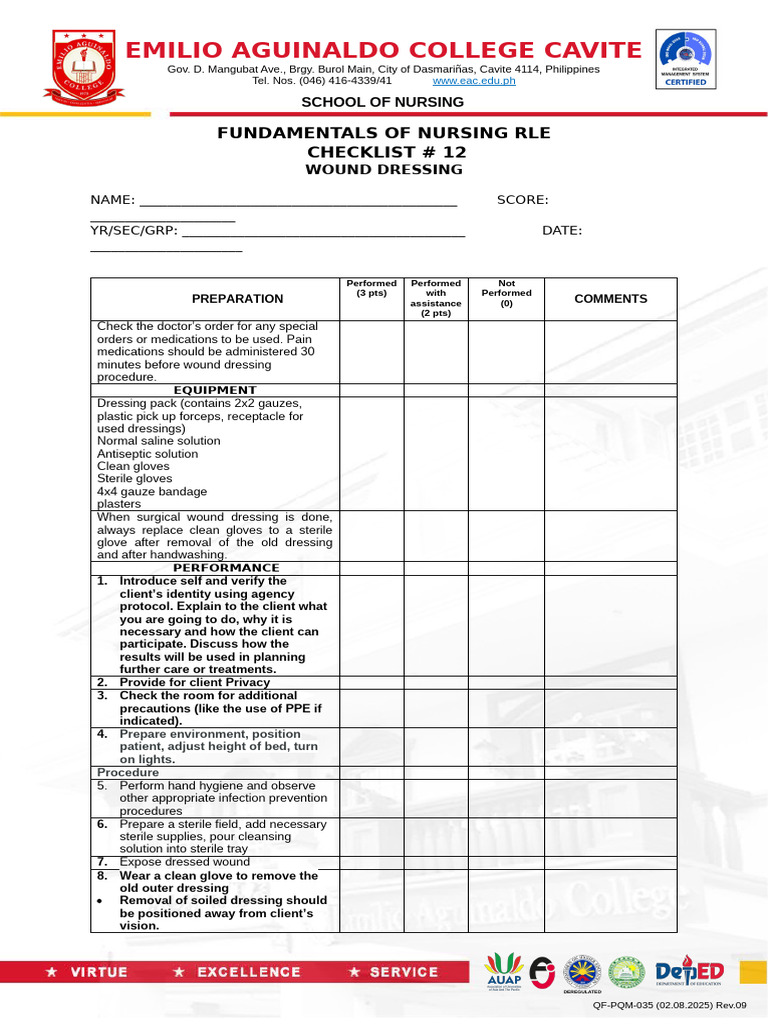 Nursing RLE Checklist: Wound Dressing | PDF | Wound | Medicine