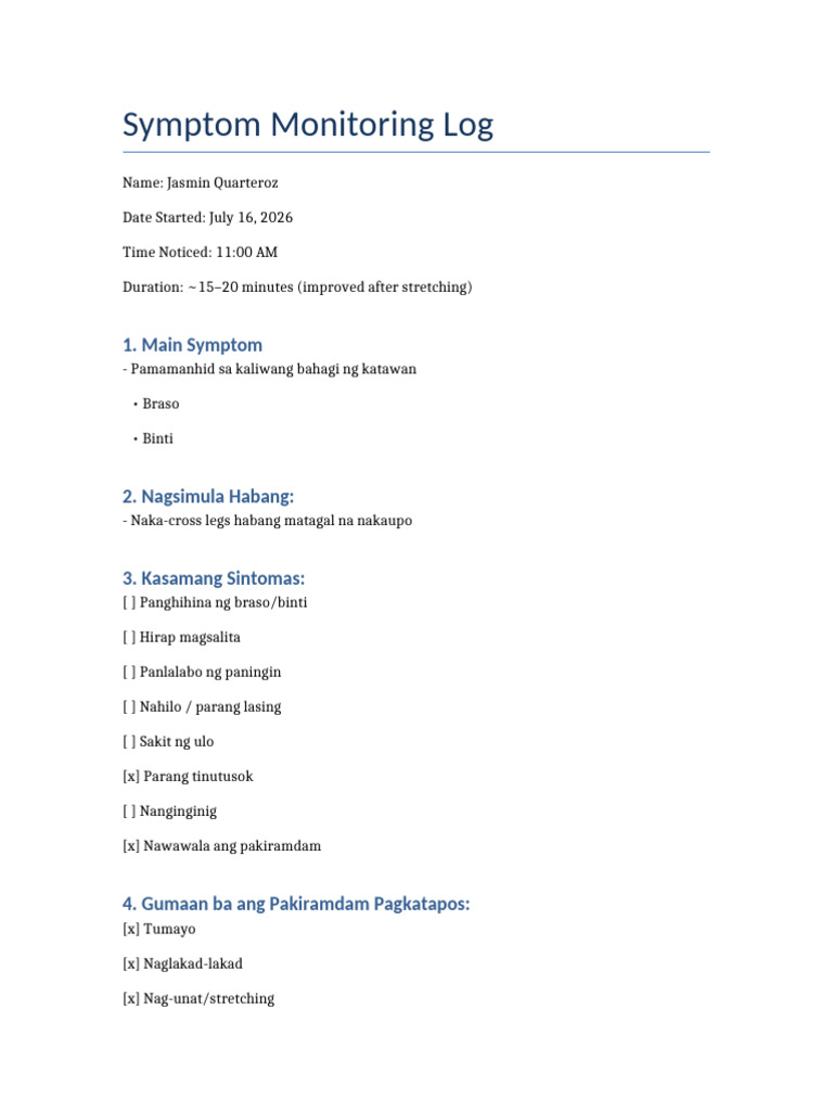 Symptom Monitoring Log Jasmin Quarteroz | PDF