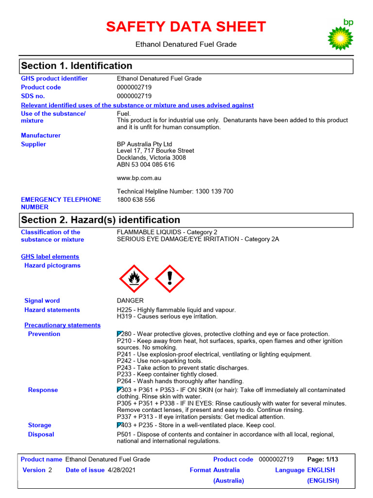 Ethanol Denatured Fuel Grade SDS | PDF | Gasoline | Personal Protective ...