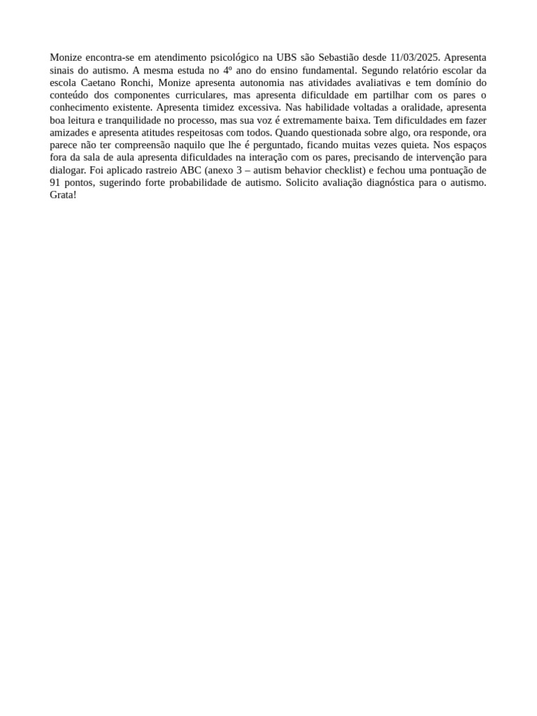 Avaliação de Autismo em Monize | PDF