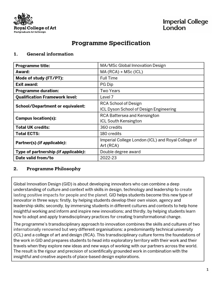 RCA GID MA MSc Programme Specification 2022 23 | PDF | Learning ...
