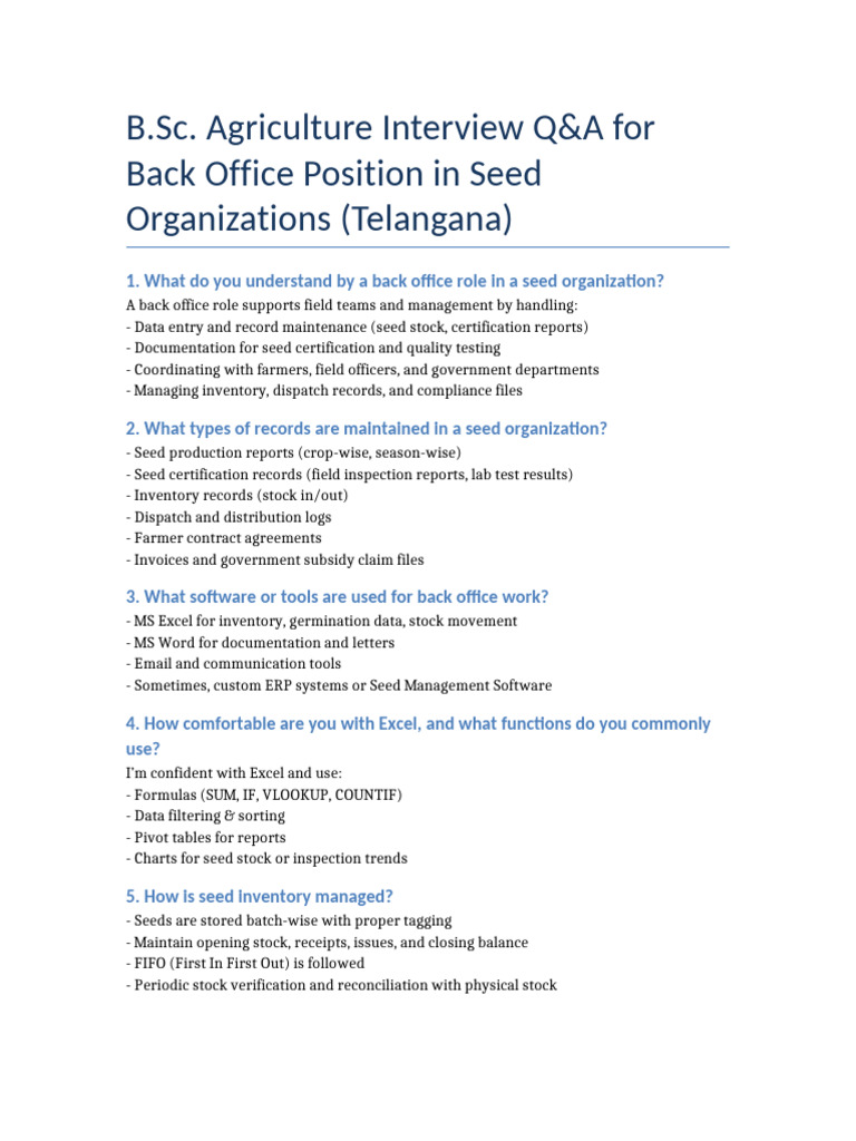 Agriculture Back Office Interview Q&A | PDF | Microsoft Excel | Seed