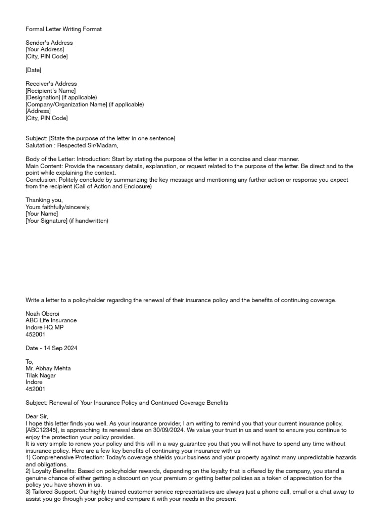 Writing Formal Letters to Insurance Companies | PDF | Insurance | Life ...