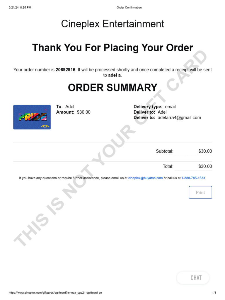 Cineplex Gift Card Order Confirmation | PDF | Entertainment Companies