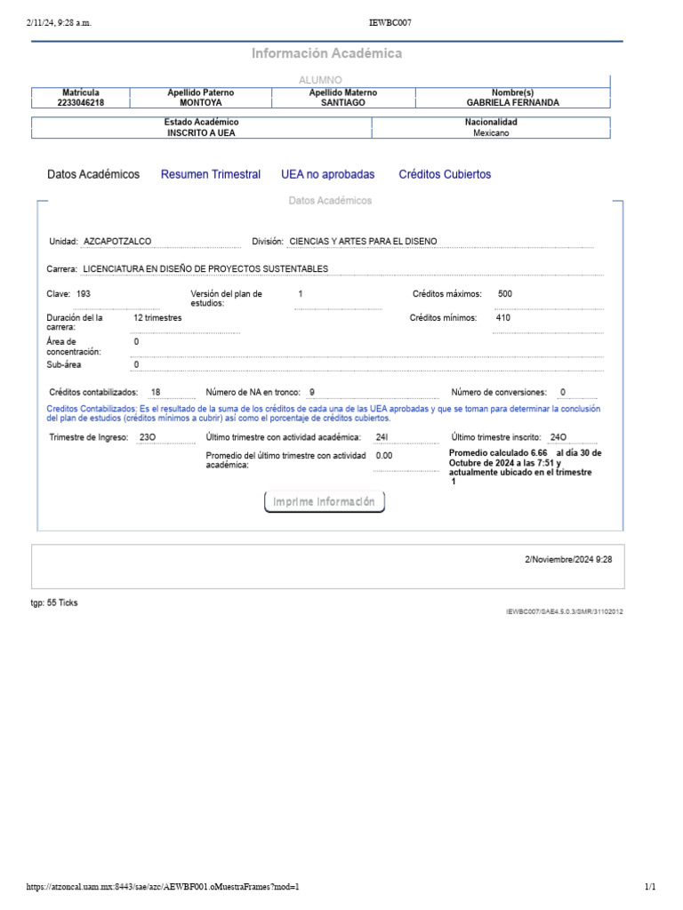 Datos Académicos de Estudiante UAM | PDF