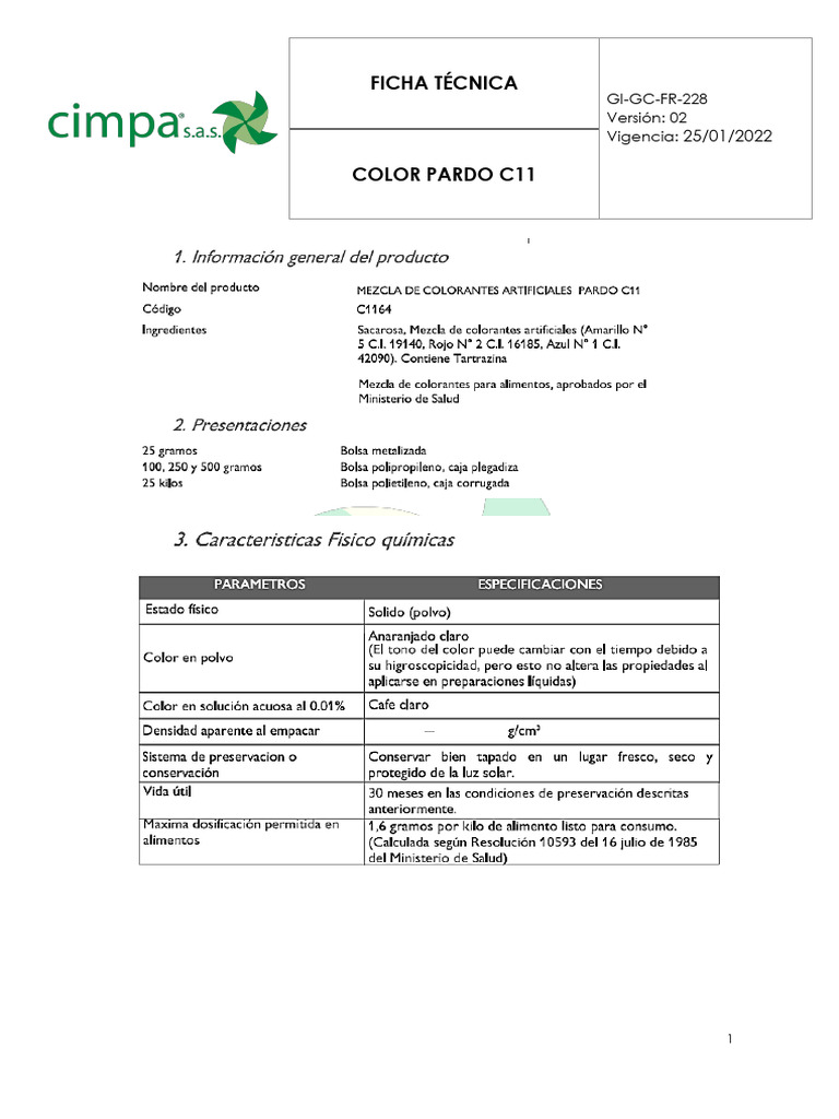 Ficha Técnica Color Pardo C11 | PDF