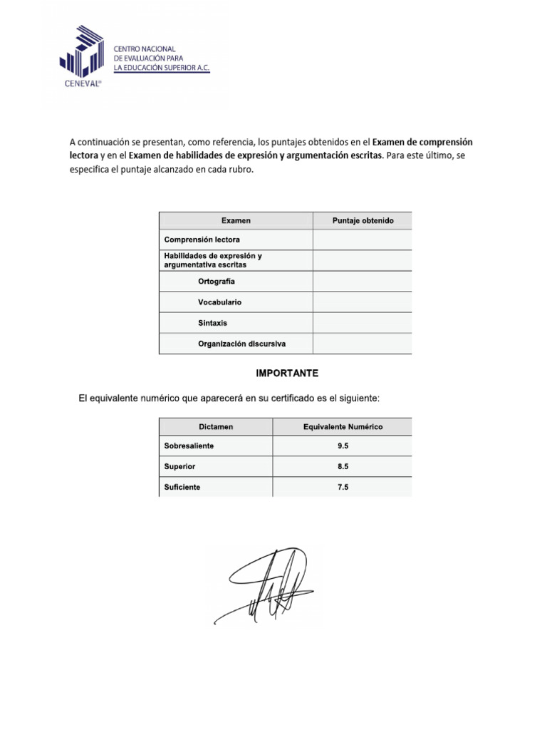 Resultados Examen Ceneval: Puntajes y Dictámenes | PDF