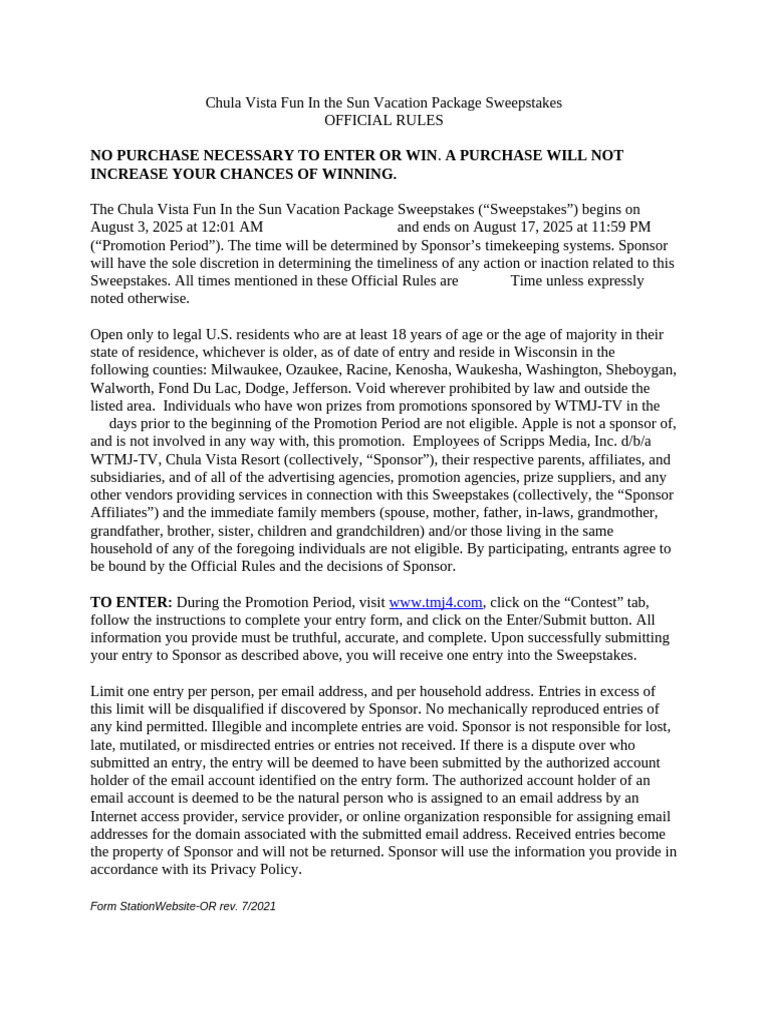 Chula Vista Resort - Fun in The Sun Vacation Package Contest Rules ...