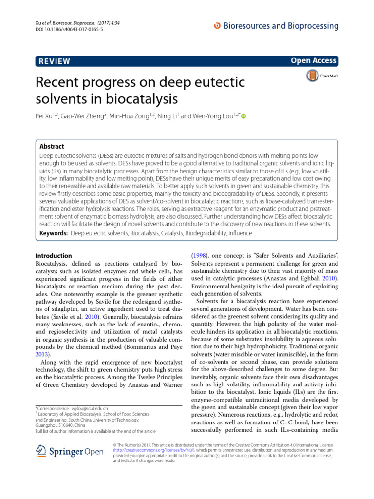 Recent Progress On Deep Eutectic Solvents in Biocatalysis | PDF ...