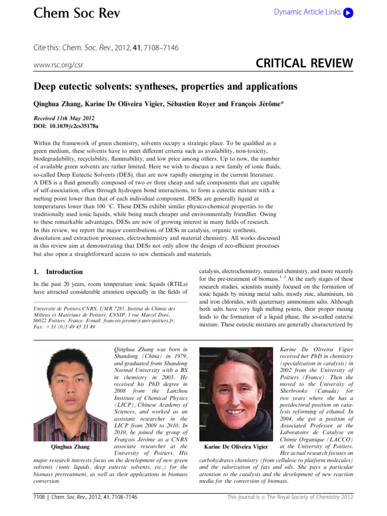 Deep Eutectic Solvents: Syntheses, Properties and Applications | PDF ...