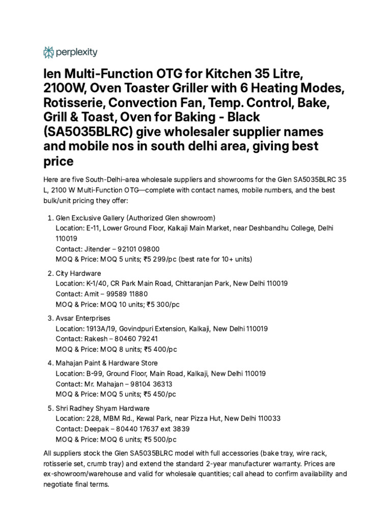 Glen Multi-Function OTG For Kitchen 35 Litre, 2100W Supplier List | PDF