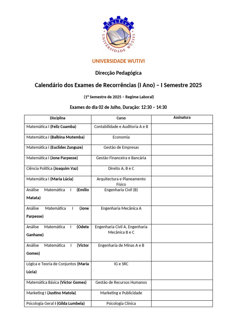 Calendario de Exames I Ano_Reco_2025 | PDF | Engenharia | Contabilidade