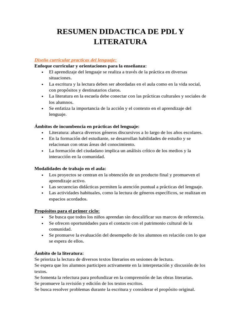 Resumen Didactica de PDL y Literatura | PDF | Escuelas | Aprendizaje