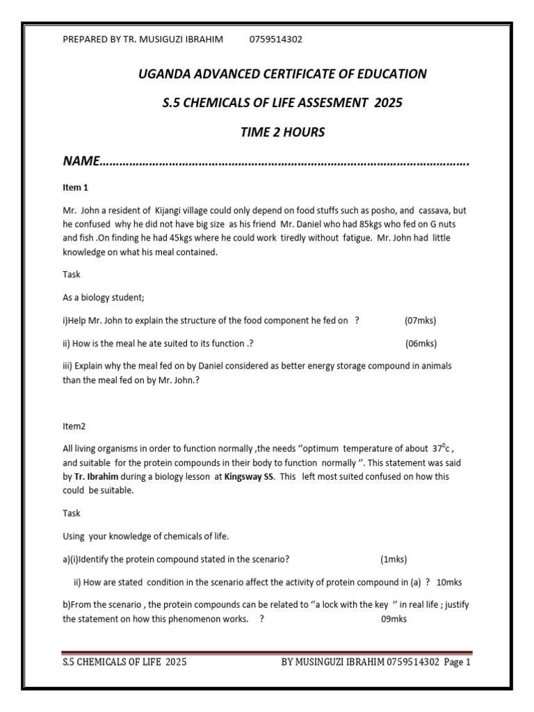 S.5 Chemicals of Life Assessment 2025 | PDF | Proteins | Biology