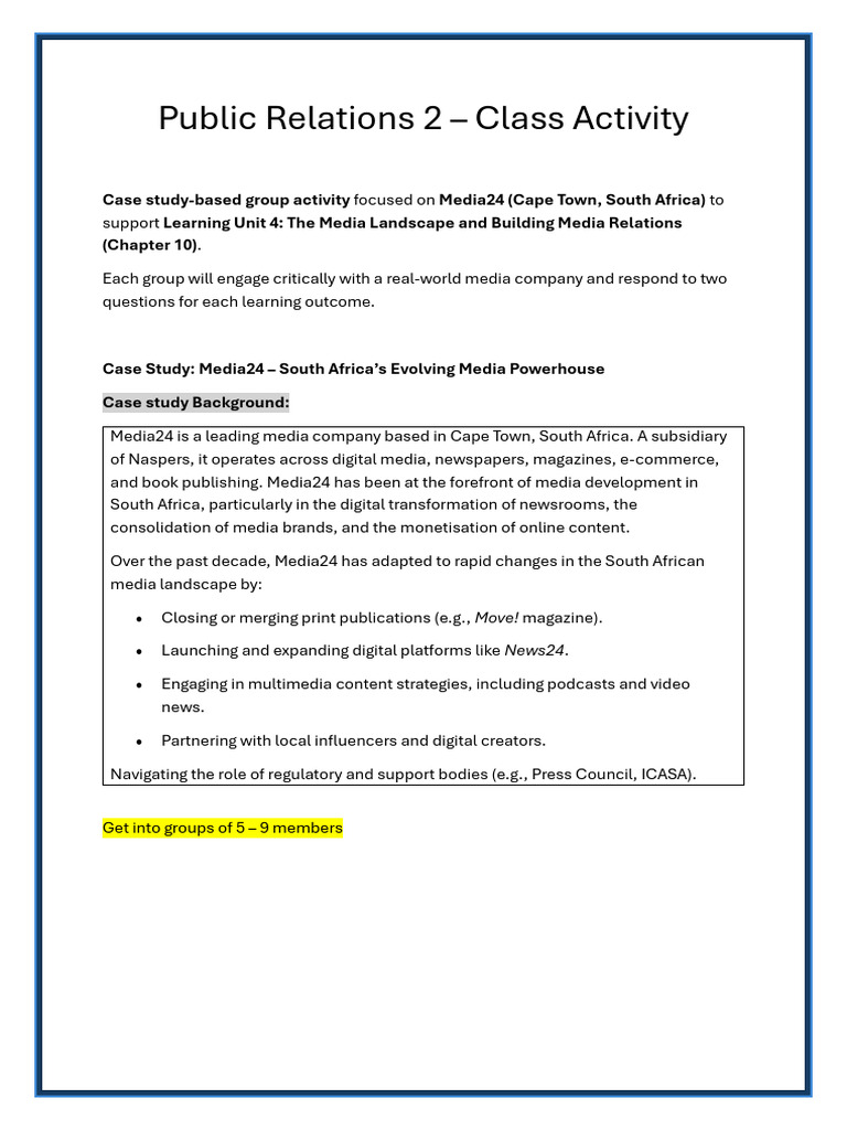 Public Relations 2 - Activity LU 4 | PDF | Communication | Mass Media