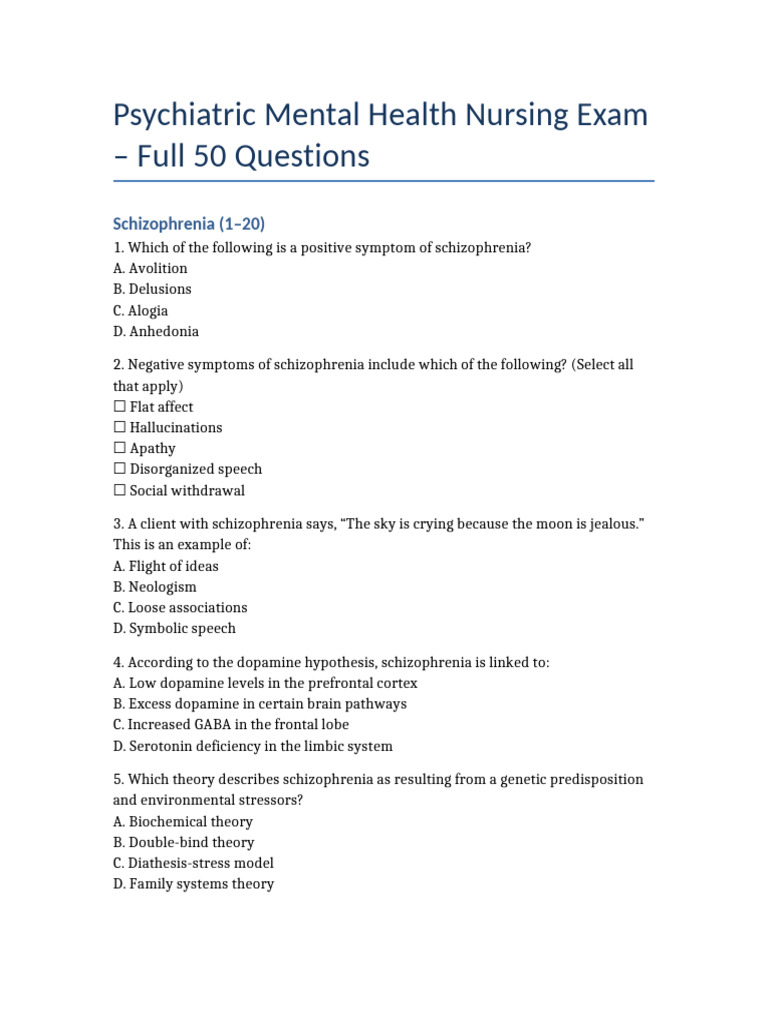 Mental Health Exam: Key Questions | PDF | Schizophrenia | Personality ...