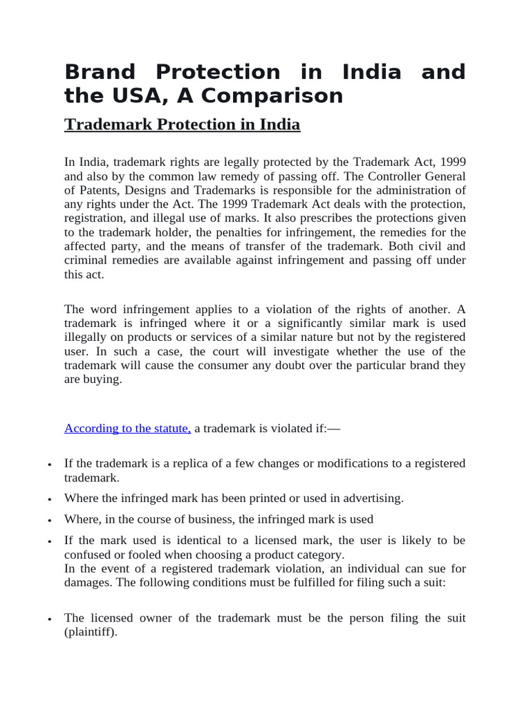 Trademark Protection in India vs USA | PDF | Trademark | Trademark ...
