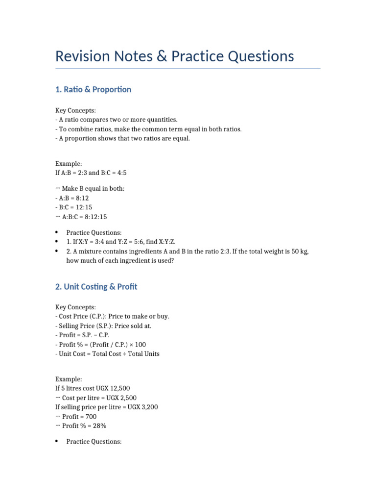Revision Notes Ratio Profit Mensuration | PDF